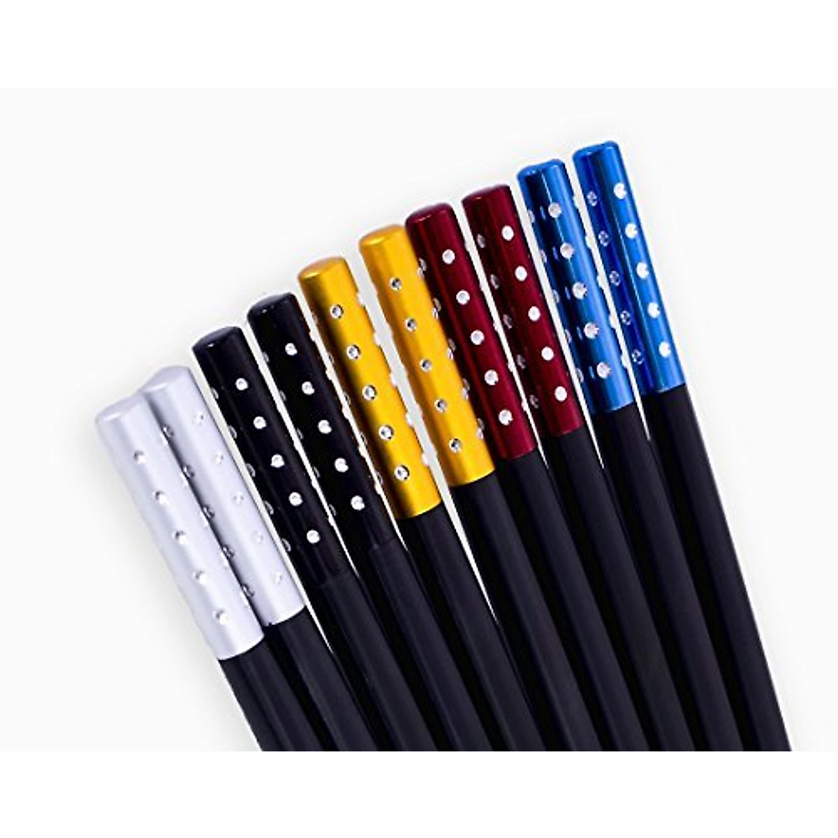 Reusable Non-slip Chinese Chopsticks By Chinese Emporium. Luxury Black Chopstick Set with 5 Colored Sparkling Metal Bands. Great Chopsticks For Beginners. Made from Non-toxic Alloy Melamine