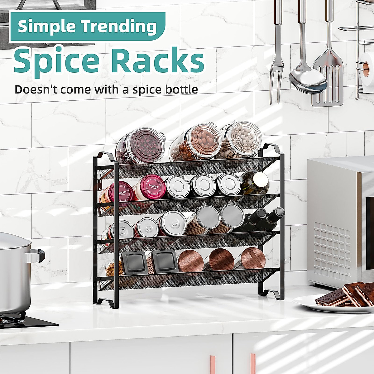 Simple Trending 2-Pack 4 Tier Spice Rack Organizer,Stackable Kitchen Counter Shelves,for Cabinet,Countertop,Pantry, Door or Wall Mount, Metal Mesh,(Jars not Included), Black