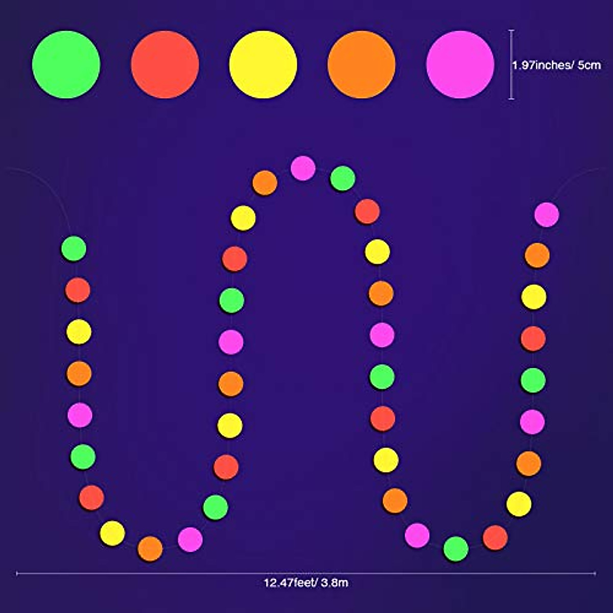 UNIIDECO Neon Paper Circles Garland Rave Black Light Birthday Decorations, Glow in The Dark Party Supplies, UV Blacklight Reactive Decoration Room Decor, Hanging Circle Dots Streamers Wall Backdrop