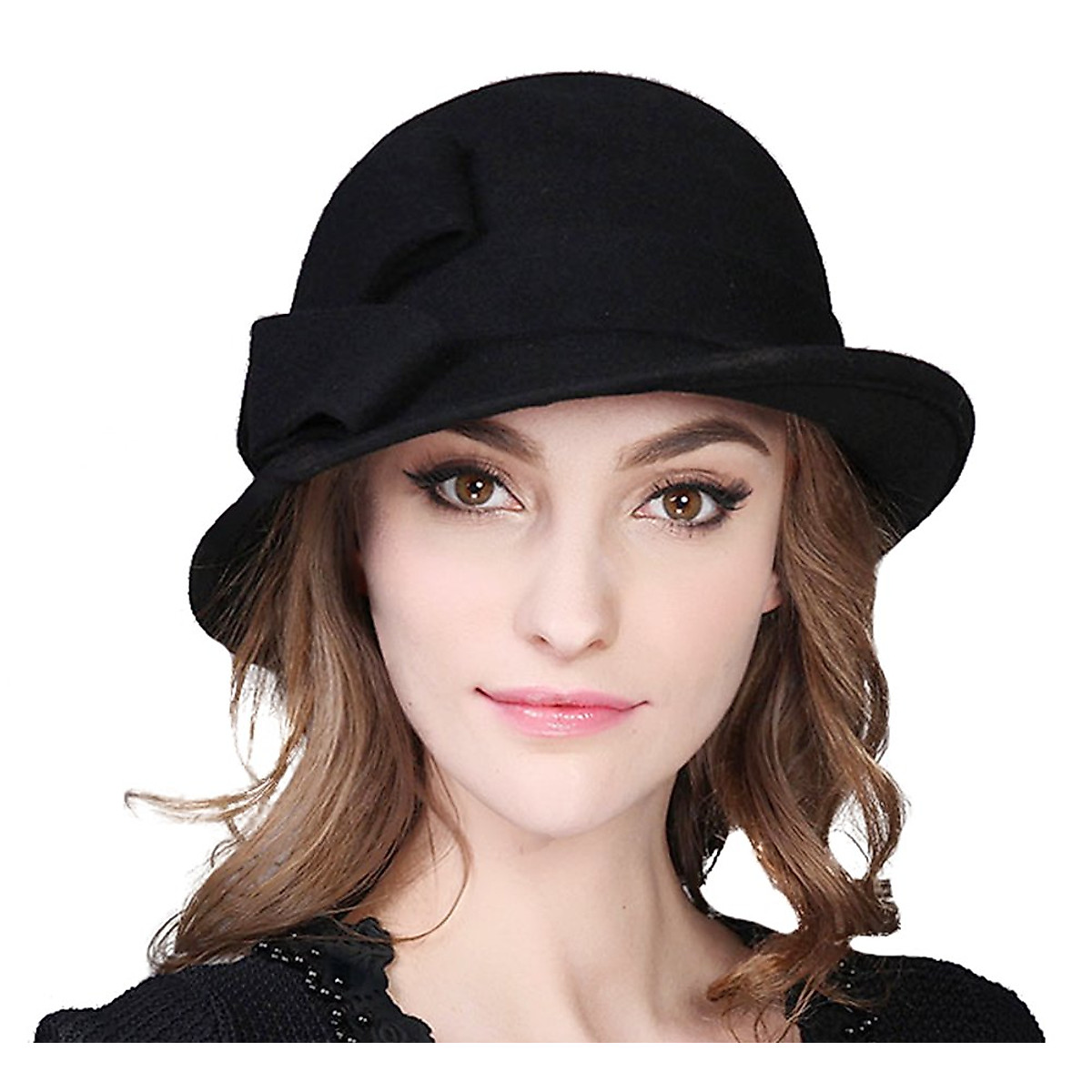 Bellady Women Solid Color Winter Hat 100 percent Wool Cloche Bucket with Bow Accent,Black, One Size