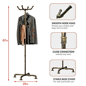 THRONKENGER Industrial Coat Rack, Metal Pipe Coat Rack Stand Freestanding with 6 Hooks, Heavy Duty Coat Tree Sturdy Coat Racks for Entryway, Hallway, Bedroom (Vintage gold)