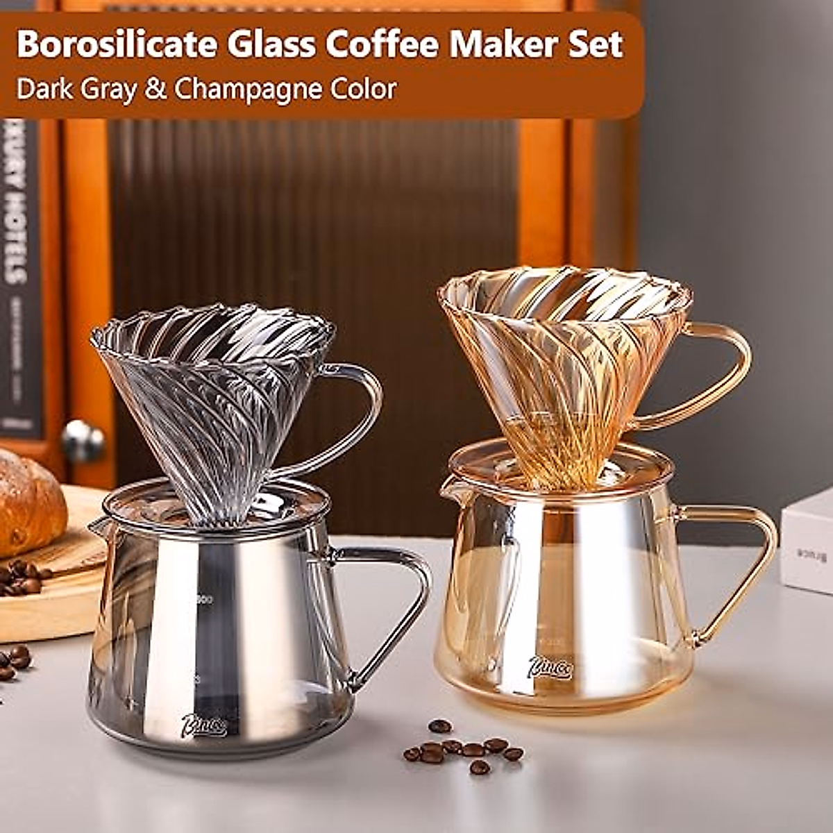 Bincoo Glass Coffee Server Set 600ml- Glass Pour Over Coffee Maker Set with Dripper, V60 Coffee Pot with 50 Count Paper Filter for Home and Office (Dark Gray)
