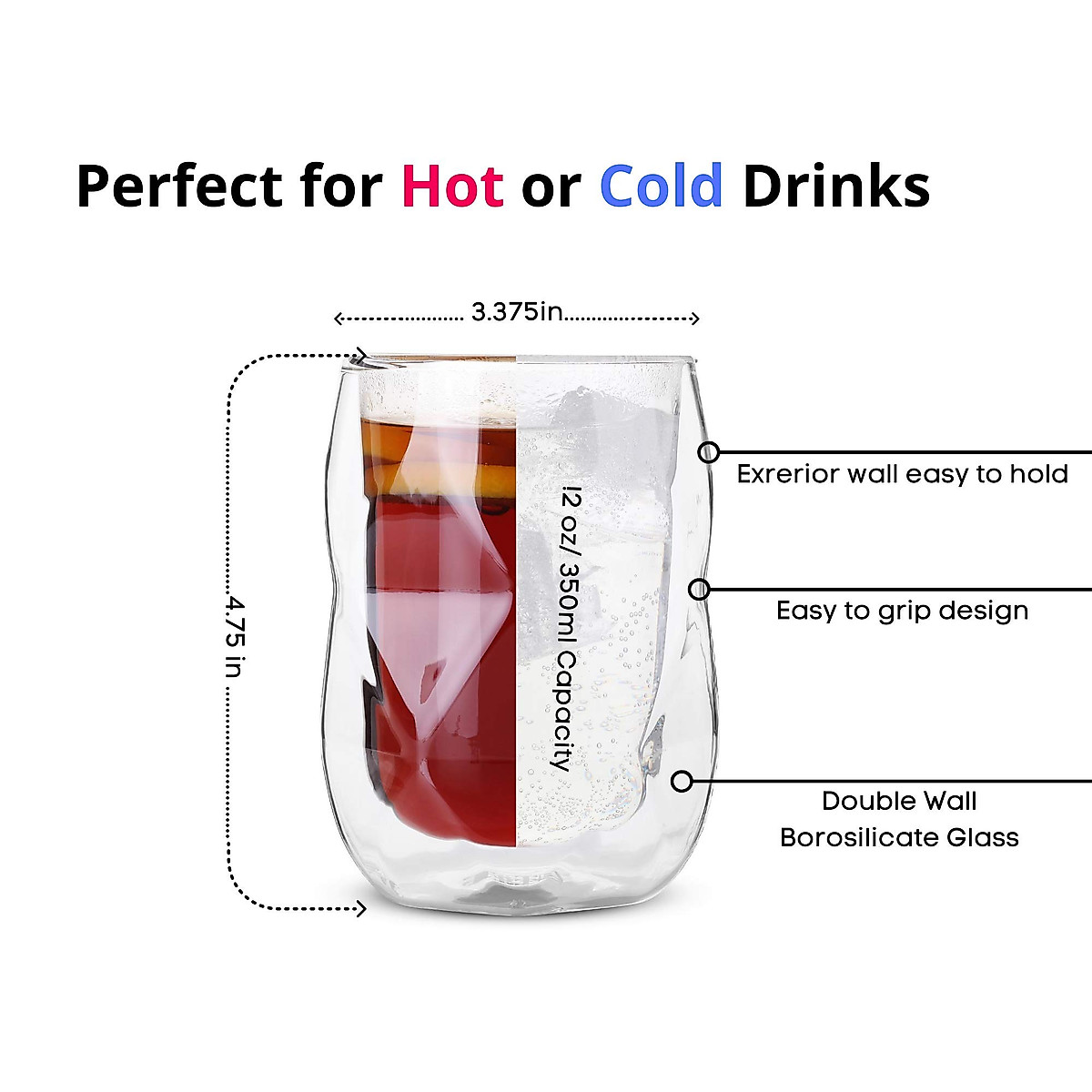 BTaT-Double Wall Insulated Glass Mug, Diamond Shape, Set of 4, 12oz, Insulated Coffee Mug, Double Wall Glass, Coffee Cups, Tea Cups, Latte Cups, Glass Coffee Mug, Coffee Glass, Latte Mug, Clear Mugs