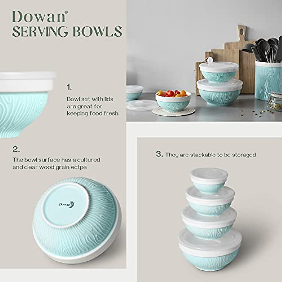 DOWAN Bundle Ceramic Bowls with Lids, Turquoise