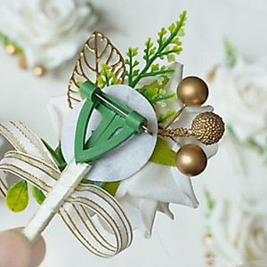 OUKEYI Rose Flower Wrist Corsage Boutonniere Set, Handmade Artificial Corsage Set, Bride Hand Flower Wristlet Band Bracelet and Men Boutonniere for Wedding Party Prom Decorations2PCS (White)