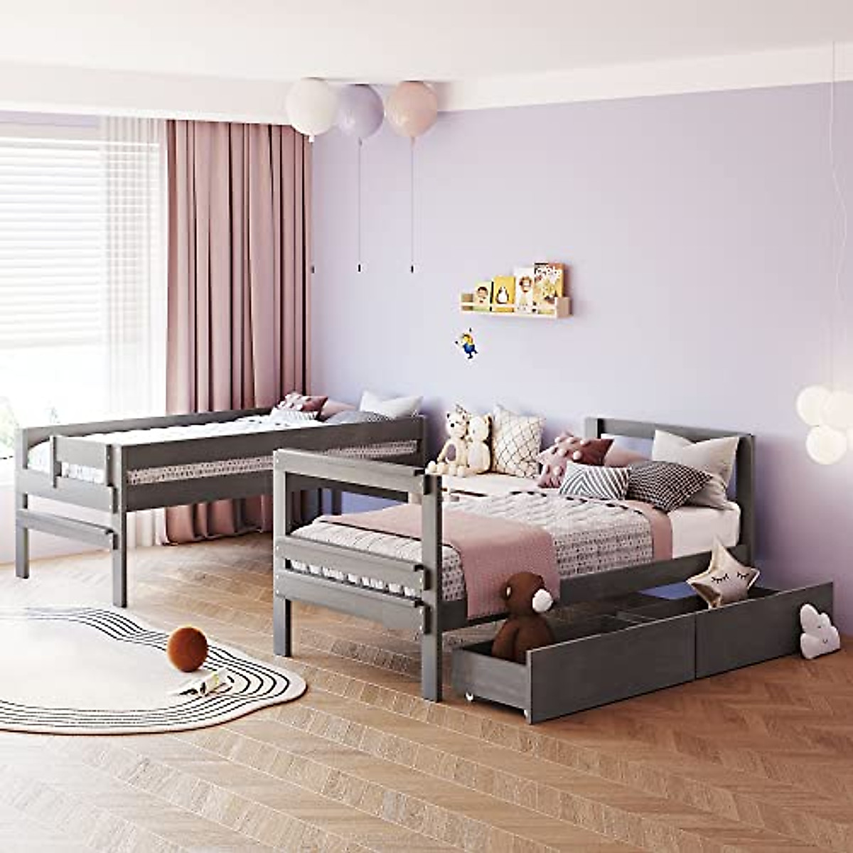 Flieks Twin Over Twin Wood Bunk Bed with 2 Drawers, Gray