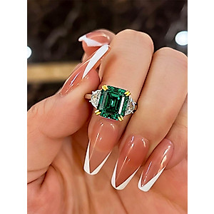 Effinny 4.5ct Women's Two-Tone Emerald Engagement Ring,Asscher Cut Green Paraiba Tourmaline Three Stone Promise Ring in 925 Sterling Silver(Size:4.5)