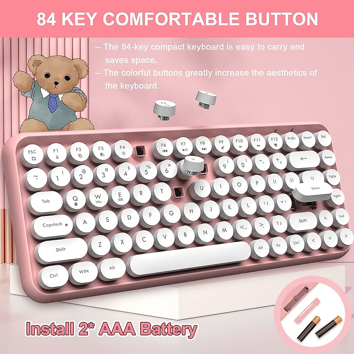 FELICON Wireless Bluetooth Keyboard, Mini Portable 84-Key Typewriter Retro Round Keycaps Keyboard,Compatible with Android, Windows, PC, Tablet-Dark, Perfer for Home and Office Keyboards(Pink)