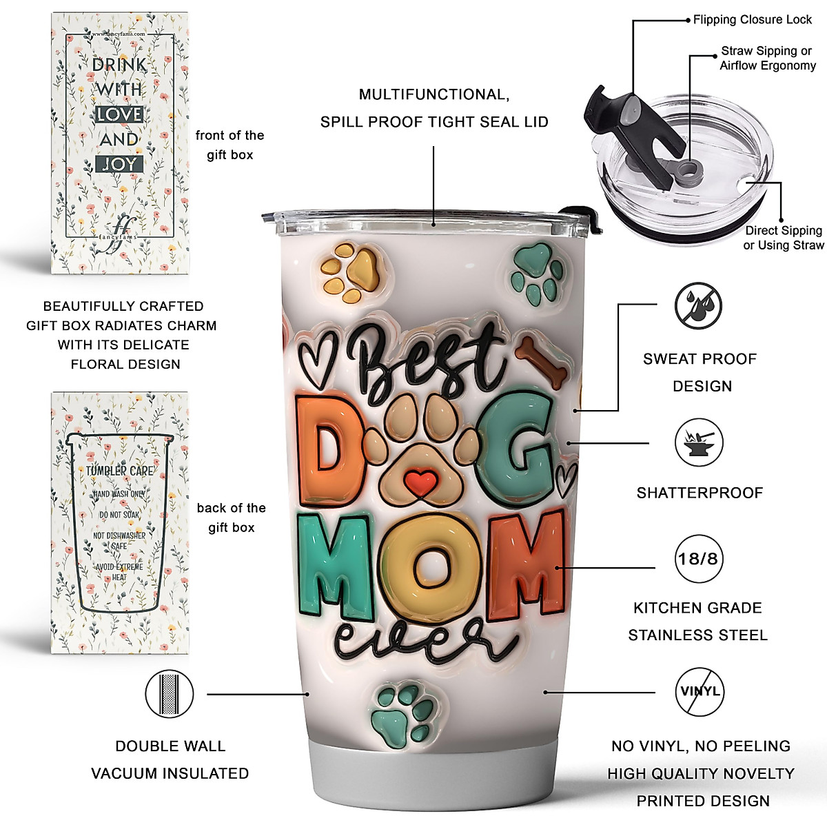 Fancyfams Best Dog Mom Tumbler, 20 oz Stainless Steel Thermal Insulated Coffee Mug, Dog Mom Gifts for Women, Cup Tumbler for Women, (20oz)