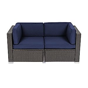 Patiomore 2 Pieces Outdoor Wicker Loveseat, Patio Rattan Sectional Furniture Corner Sofa Set All-Weather Black Brown Wicker with Removable Cushions for Balcony, Backyard, Garden (Dark Blue)