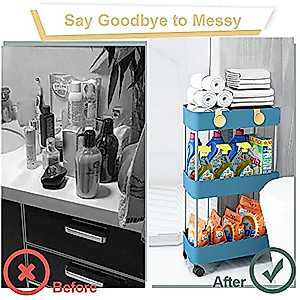 Slim Storage Cart, 3 Tier Mobile Shelving Unit Organizer, Slide Out Rolling Utility Cart Shelf Rack for Kitchen Bathroom Laundry Room Narrow Places, Plastic & Stainless Steel, Navy Blue