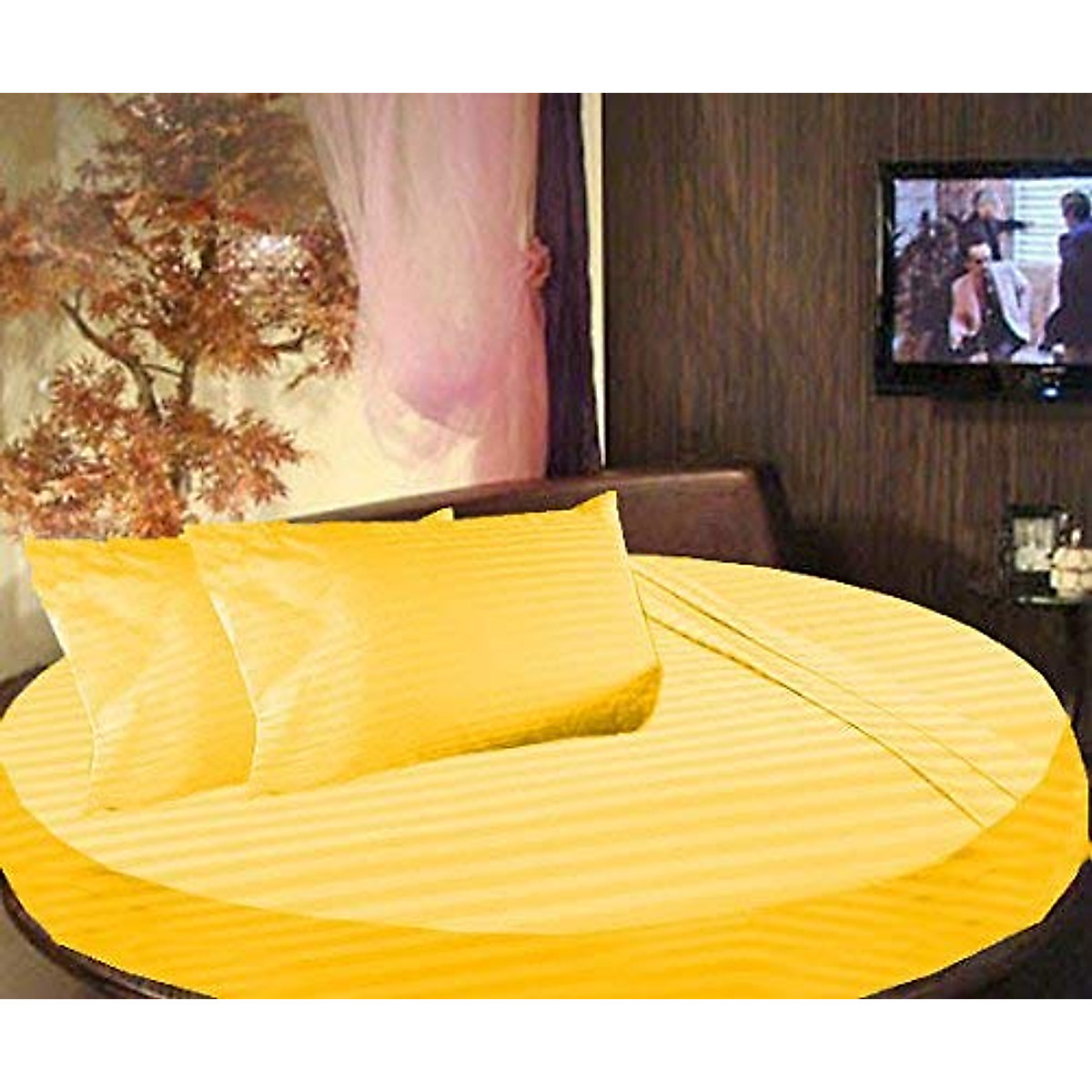 White House Linen Ultra-Soft Luxury 600 Tc Egyptian Cotton 3pc Round Bed Sheet Set Yellow Stripe 80" Diameter + Standard Size15 Inches Deep Pocket