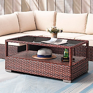 DIMAR GARDEN Outdoor Coffee Table Wicker Patio Rattan Side Table with Glass Top and Storage Shelf,40in Mixed Brown