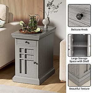 JUMMICO Side Table with Drawer & USB Ports & Power Outlets, End Table with Charging Station, Narrow Nightstand with Shelf for Small Space, Sturdy Storage Cabinet for Living Room Bedroom (Grey)