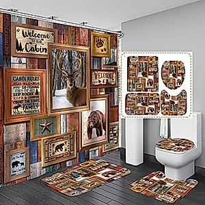 Camille&Andrew 4PCS/Set Wildlife Shower Curtain, Vintage Brown Rustic Wooden Board Deer Bear USA Flag Western Texas Star Barn Cabin Hunting Wild Animal Bathroom Decor, Non-Slip Bath Rugs, Cabin Rules