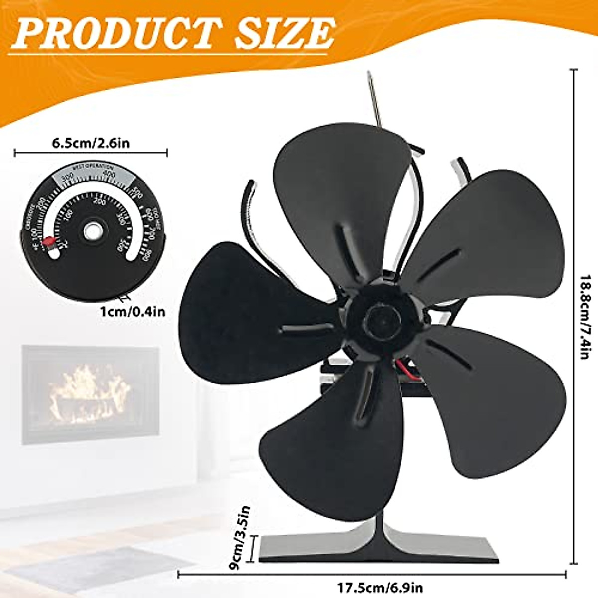 WHDPETS Wood Stove Fan Heat Powered, 5 Blade Fireplace Fan Non-Electric Fan, Silent Operation Thermoelectric Eco Fans for Home/Wood/Log Burner/Fireplace (Include Stove Thermometer)