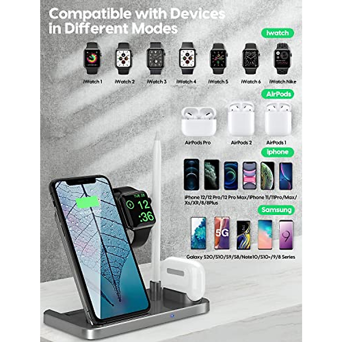 4 in 1 Wireless Charging Station,2021 Upgraded Fast Charging Dock Stand for iWatch Series 7/6/SE/5/4/3/2, AirPods & Pencil, Compatible with iPhone13/12Pro/11/XS/XR/8/Samsung