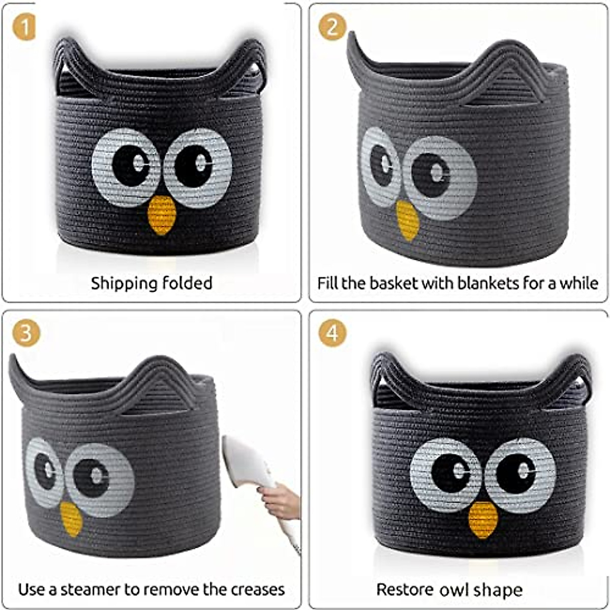 Ushang Pet Woven Cotton Animal Storage Basket for Kids, Owl Rope Storage Basket for Baby Toys, Baby Laundry Basket, Pet Toy Storage Basket - 12" L X 10" H, Dark Grey