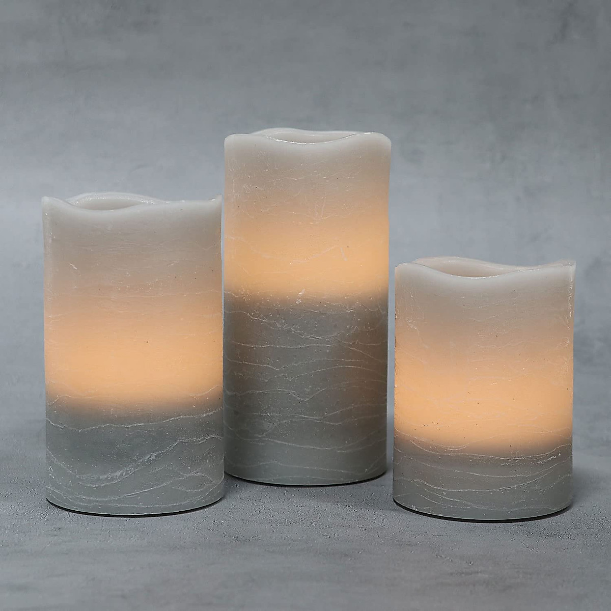 Rhytsing Grey Battery Operated Flameless Led Candles with Timer Function, Warm White Light, Real Wax Finish, 6 Batteries Included - Set of 3