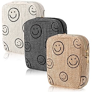 Photect 3 Pcs Corduroy Cosmetic Bag Smile Face Aesthetic Preppy Pouch Travel Makeup Bags for Christmas Women Holiday Organizer Gifts(Stylish,White, Gray, Yellow)
