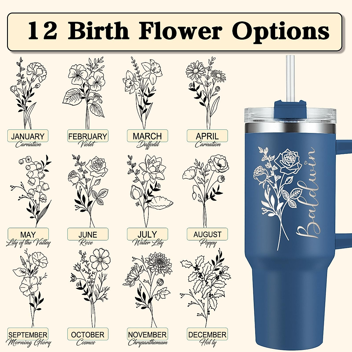Personalized 40oz Tumbler with Handle and Straw Custom Insulated Cups with Engraved Name Birth Month Flowers Stainless Steel Travel Coffee Mug Customized Gifts for Women Men