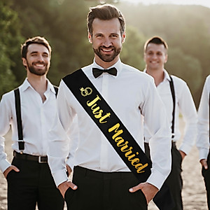 Just Married Sash - 2 Piece Gold Bride and Groom Sash Set | Wedding Party Decorations Bridal Shower Engaged Decor Bachelorette Favors Supplies Gift Decor Bachelor Accessories Engagement Gifts Ribbon