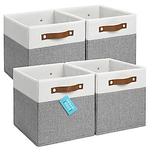 OrganiHaus 11 Inch Cube Storage Bin set of 4, Fabric Storage Bins, Cube Storage Organizer Bins, Cubby Bins w/ Vegan Handles, Kallax Organizer Storage Cube Basket, Square Storage Cubes - Grey/White