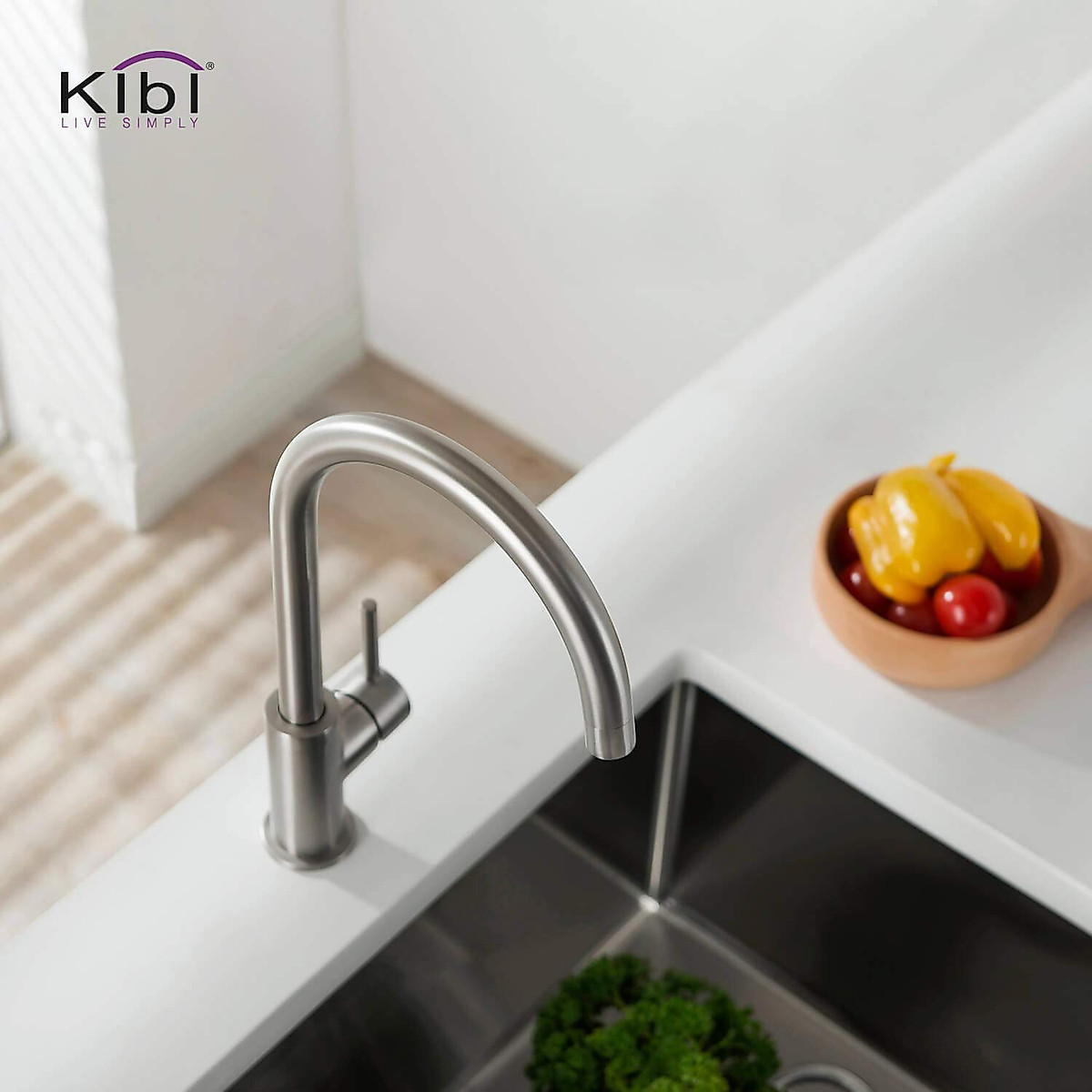 KIBI Lowa Single Handle Bar Sink Faucet with 360 Degree Swivel Spout | Single Hole High Arc Faucet for Kitchen Sink (Brushed Nickel) (KKF2001) (Soap Dispenser included)