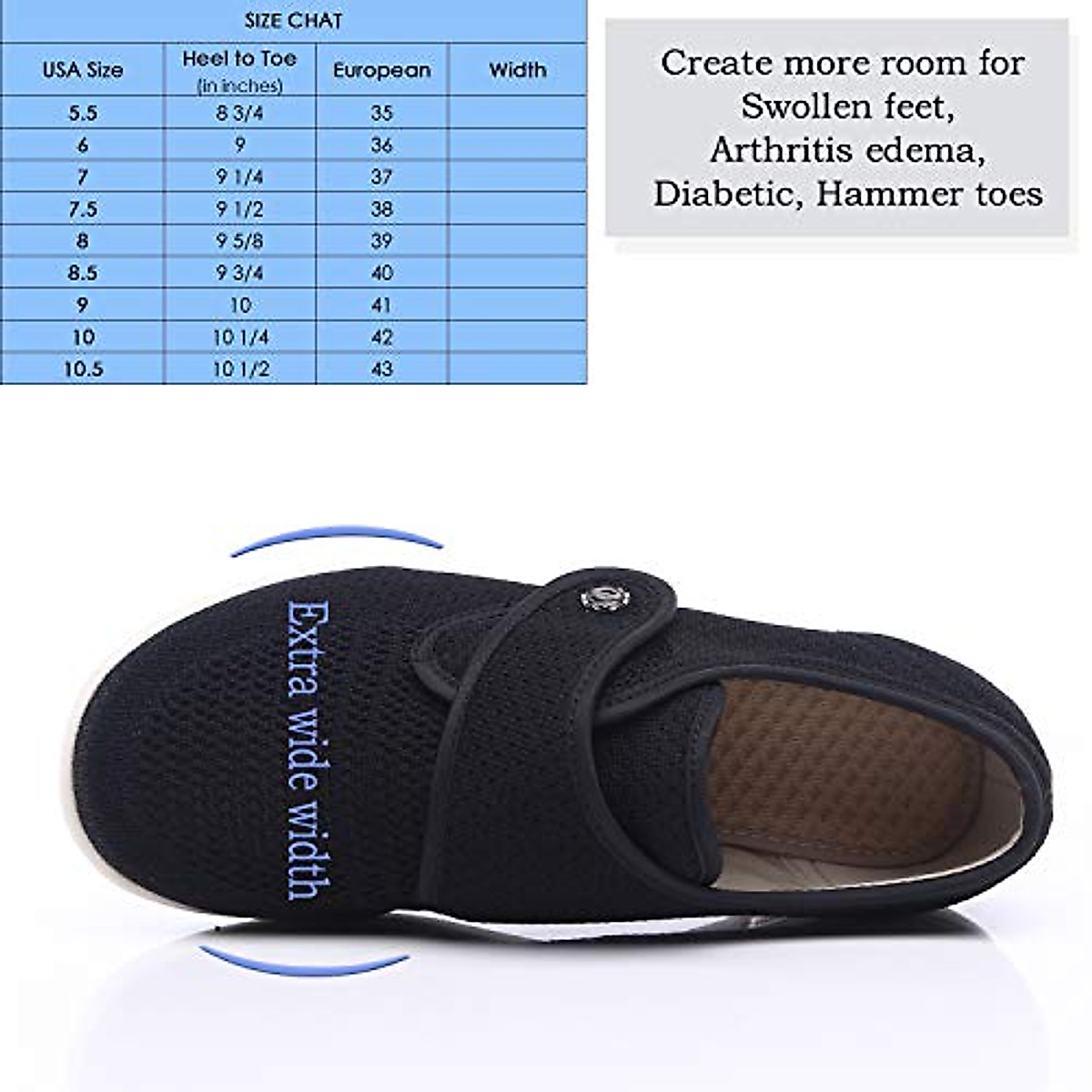 Mei MACLEOD Women's Adjuatable Closure Walking Shoes Wid Width Diabetic Edema Shoes with Memory Foam Air Cushion Casual Sneakers Outdoor Inoor Black