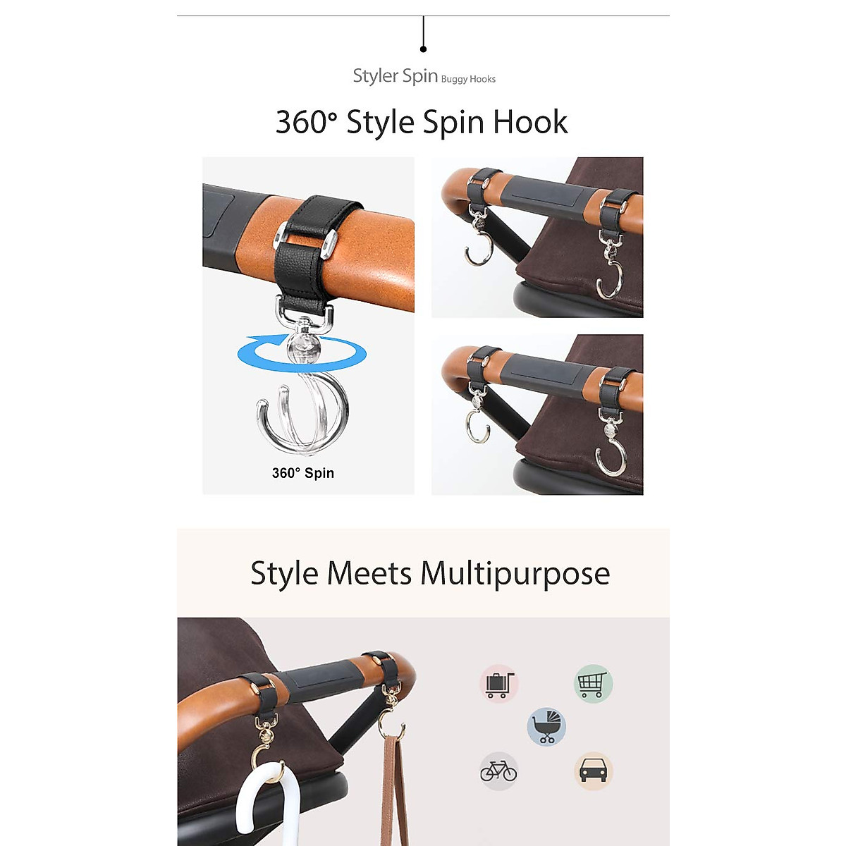 Manito Styler Spin Stroller Hooks (Pink Gold/Black)