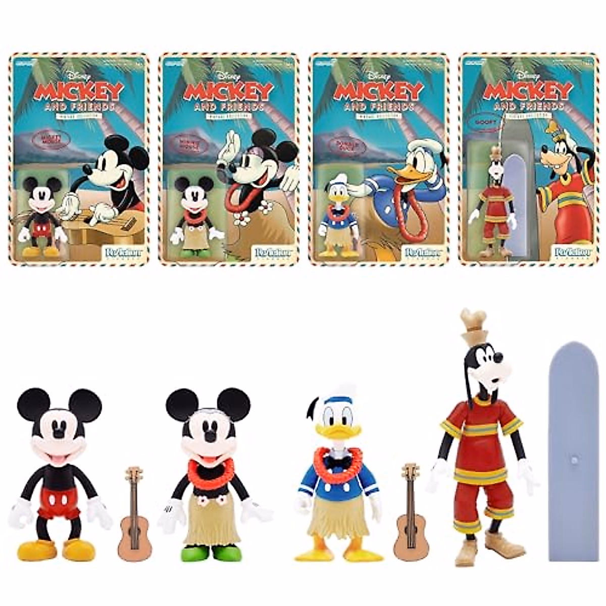Super7 Disney Hawaiian Holiday Bundle - Mickey, Minnie, Donald Duck, and Goofy - 3.75" Action Figure Classic Movie Collectibles and Retro Toys