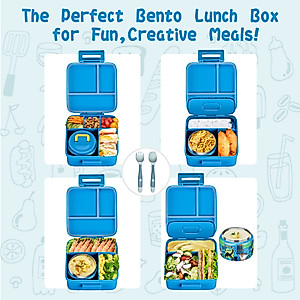 JXXM Bento Lunch Box for Kids With 8oz Soup thermo,Leak-proof Lunch Containers with 5 Compartment,thermo Food Jar and Lunch Bag, Food Containers for School (A-Blue(Dinosaur))