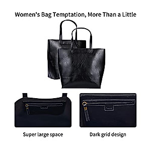 NC Large Leather Tote - Womens Slouchy Shoulder Bag with Open Top, Big Capacity Handbag (True Black)
