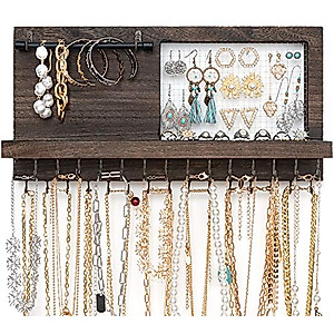Mkono Rustic Wall Mounted Jewelry Organizer with Bracelet Rod and 30 Hooks Wood Hanging Jewellery Holder for Necklaces, Earrings, Bracelets, Rings, Display Shelf for Cabinet,Mother's Day Gift