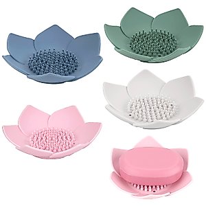 Linkidea 4 Pack Soap Dish with Drain, Silicone Bar Soap Holder for Bathroom, Flower Shape Soap Tray for Kitchen Sink