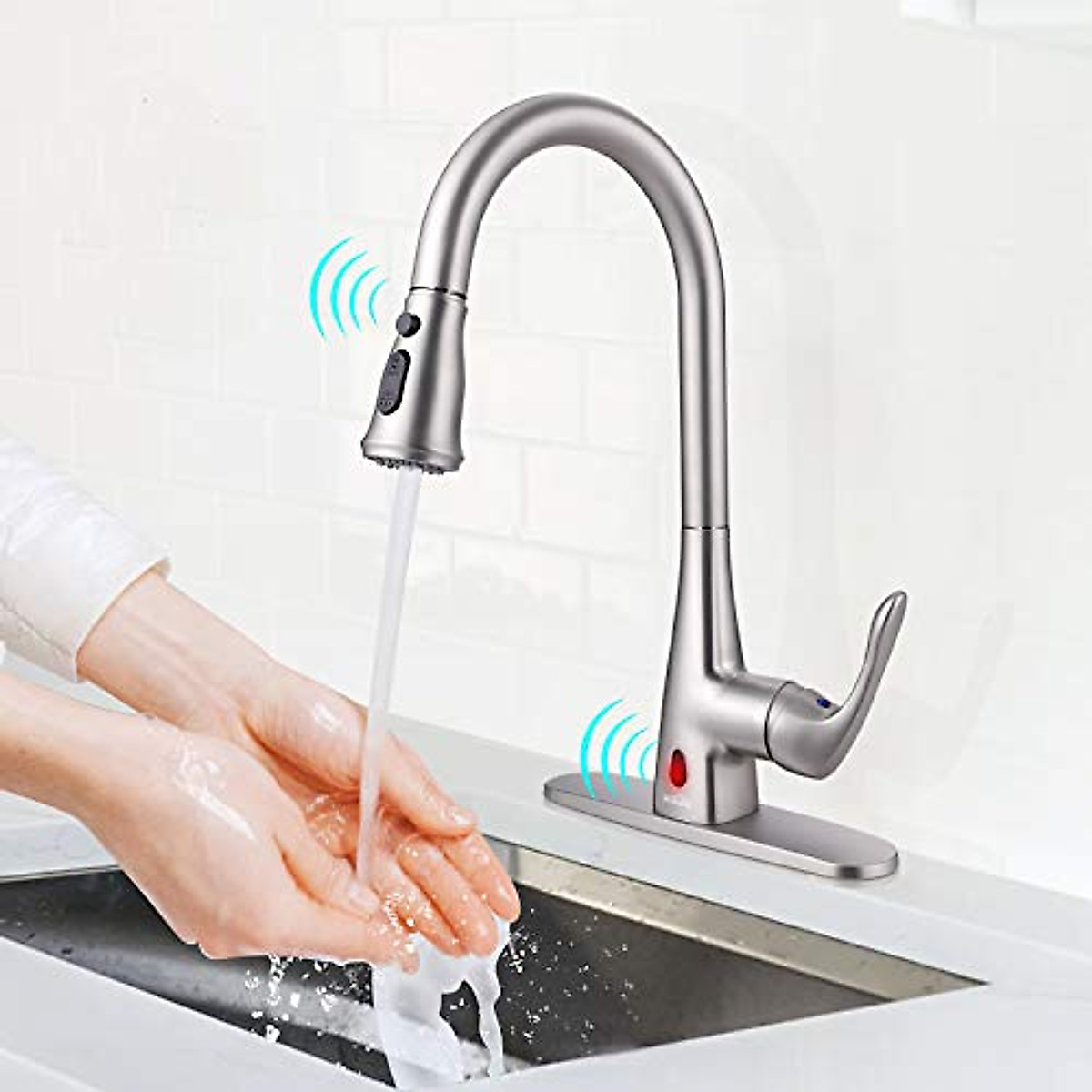 Touchless Kitchen Faucet, Himimi Brushed Nickel Kitchen Faucet with Pull Down Sprayer, Single Handle and Dual Sensors Smart Faucet for Kitchen Sink, Stainless Steel Kitchen Faucet, Anti-Fingerprint