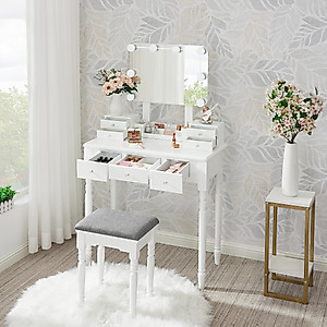 ANWBROAD Makeup Vanity Desk Vanity Set with Lighted Mirror Makeup Vanity Desk Table Set Large 8 LED Bulbs Frameless Mirror 3 Colors Modes Dimming 7 Drawers Cushioned Stool 3 Dividers White UBDT03W