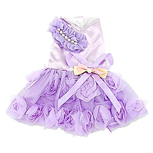 SMALLLEE_LUCKY_STORE Pet Small Dog Wedding Dress with Bowknot Birthday Party Costume Satin Rose Pearls Girl Formal Dress Cat Tutu Purple Violet XXL
