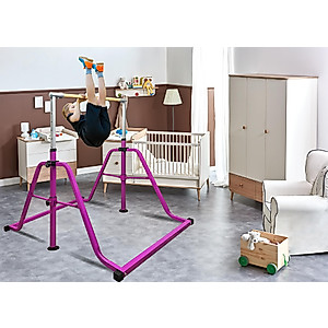 kechery Foldable & Moveable Gymnastics Horizontal Bar with Rings,3’to 5’Adjustable Height Expandable Junior Kip Bar for Home,Indoor Gym Equipment for Kids (Foldable Purple with Rings)