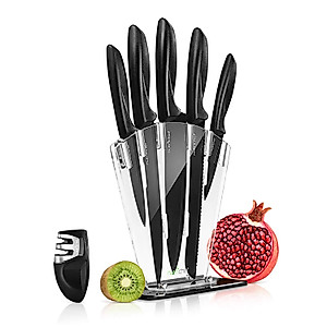 NutriChefKitchen 7 Piece Kitchen Knife Set - Stainless Steel Kitchen Precision Knives Set w/ 5 Knives & Bonus Sharpener, Acrylic Block Stand - Cutting Slicing, Chopping, Dicing - NCKNS7X.5