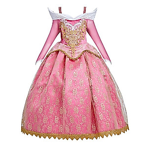 FMYFWY Girls Aurora Princess Dress Embroidered Lace Sleeping Beauty Fancy Dress Up Halloween Christmas Birthday Gown w/Accessories 4-5T