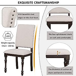 Merax 6-Piece Wood Rectangular Table Set with Turned Legs, 4 Upholstered Chairs and Bench for Dining Room, Espresso+Beige(6pcs)