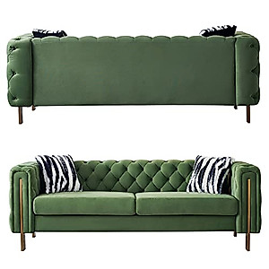 Dolonm Modern Velvet Sofa for Living Room, 84 Inches Long Tufted Couch Upholstered Sofa with 2 Pillows High Arm and Metal Legs Decor Furniture for Bedroom, Office (Turquoise)