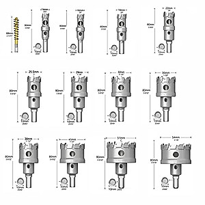 GSTK Upgrade Heavy Duty Carbide Hole Saw 14 Pcs,Metal Steel Hole Saw Drill Bit,TCT Hole Cutter,Alloy Hardness Upgrade, with 2*Extra Titanium Plated Pilot Center Drill and 2*L-Wrench