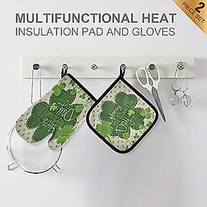 Irish Green Shamrock Oven Mitts Pot Holder Sets 2pcs St. Patrick's Day Non-Slip Kitchen Heat Resistant Hot Pads for Women Cooking Gloves Baking Wear BBQ