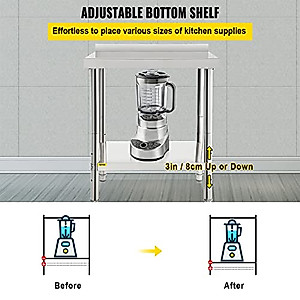 VEVOR Stainless Steel Prep Table, 30 x 24 x 35 Inch, 440lbs Load Capacity Metal Worktable with Backsplash and Adjustable Undershelf, Commercial Workstation for Kitchen Restaurant