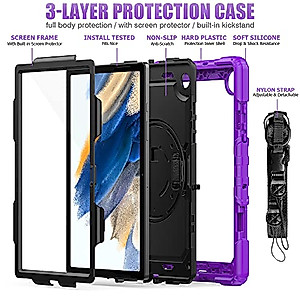 CLARKCAS Case for Samsung Galaxy Tab A8 10.5 Inch 2022, Case with Screen Protector Pencil Holder, Hand Strap Shoulder Strap, Kids Shockproof Silicone Rugged Cover Tablet Tab A8 Purple