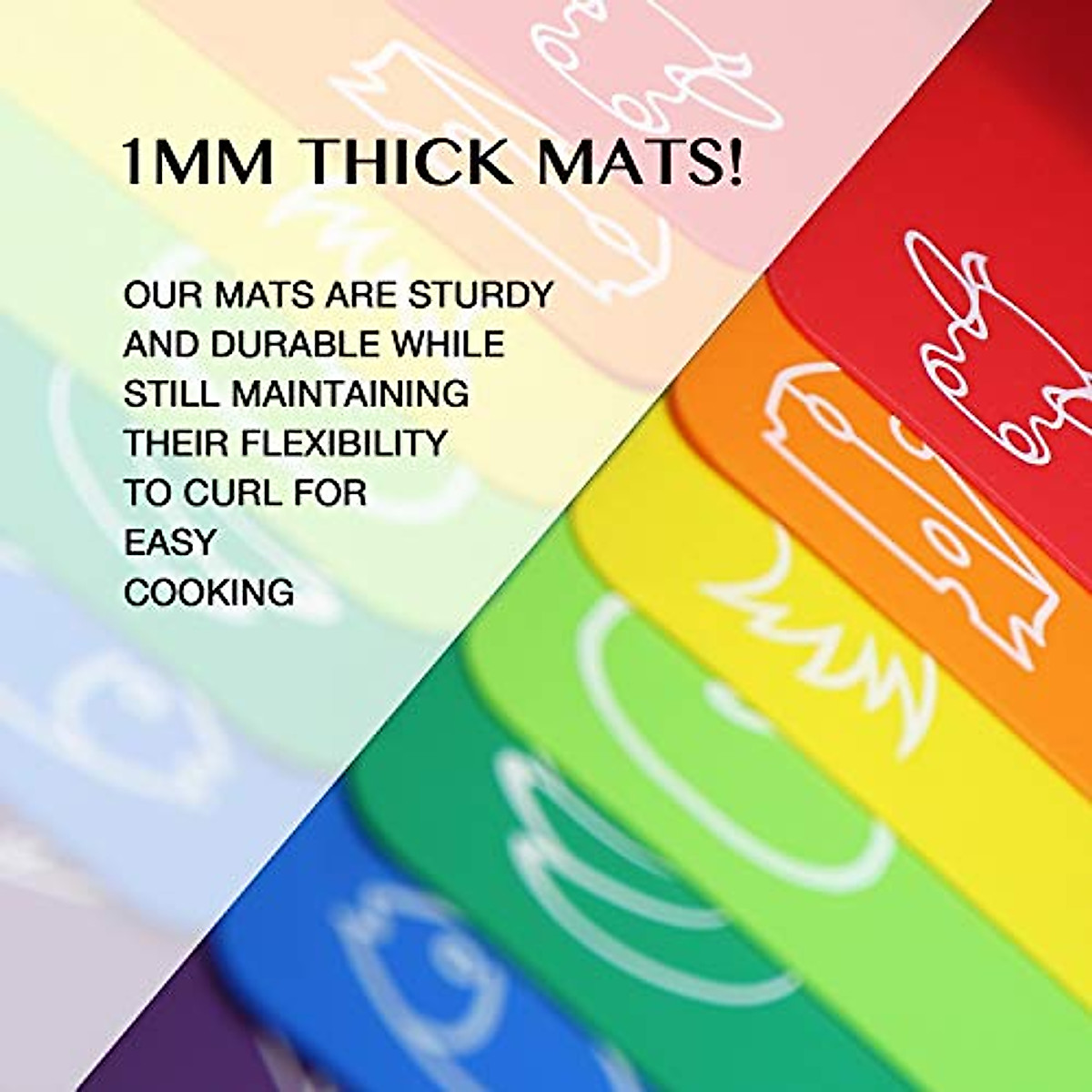 Cutting Board Mats Flexible Plastic Colored Mats with Food Icons, Fotouzy BPA-Free, Non-Porous, Anti-skid back and Dishwasher Safe, Set of 7+1