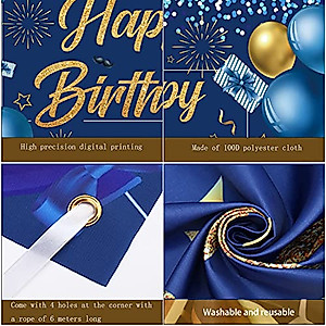 Lovyan Happy Birthday Banner Backdrop Extra Large Fabric Blue Gold Sign Poster Photo Booth Background for Men Women Birthday Anniversary Party Decoration Supplies, 71 x 43.3 Inch (Gift)