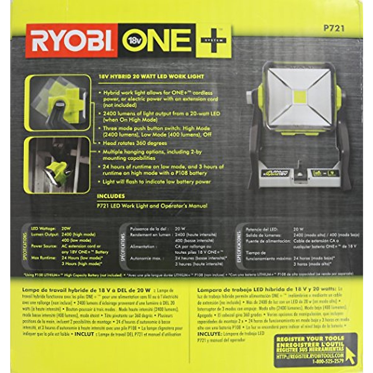 Ryobi P721 One+ 1,800 Lumen 18V Hybrid AC and Lithium Ion Powered Flat Standing LED Work Light with Onboard Mounting Options (Battery and Extension Cord Not Included, Light Only)